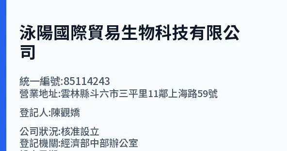 泳陽國際貿易生物科技有限公司的照片-統編 85114243(雲林縣) 公司登記資料與營業項目詳細圖表