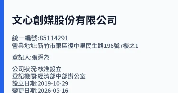 文心創媒股份有限公司的照片-統編 85114291(新竹市) 公司登記資料與營業項目詳細圖表