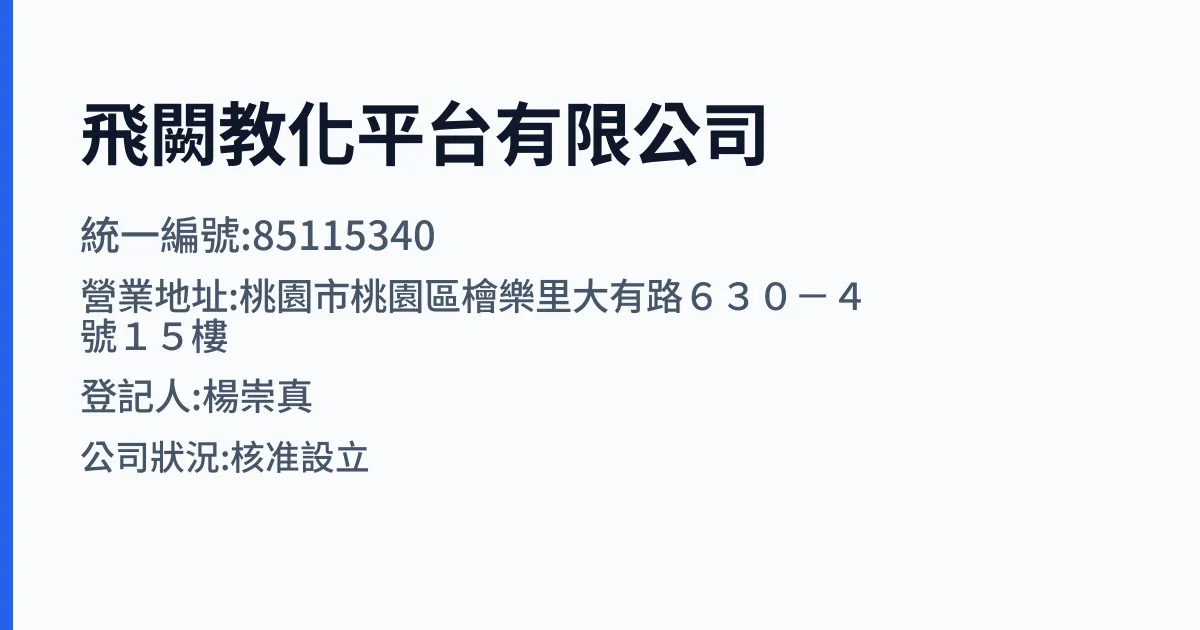 飛闕教化平台有限公司 - 統編 85115340(桃園市) 公司登記資料與營業項目詳細圖表