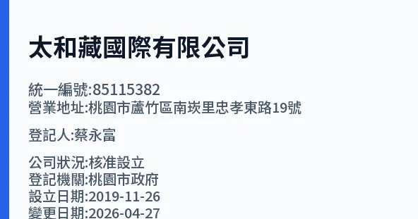 太和藏國際有限公司的照片-統編 85115382(桃園市) 公司登記資料與營業項目詳細圖表