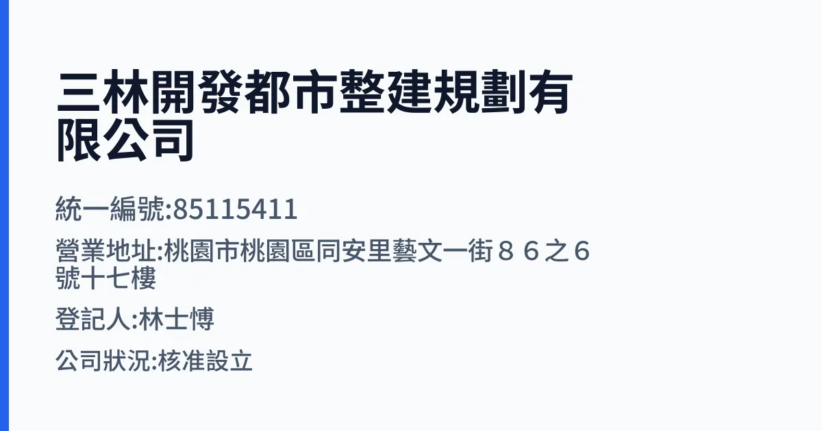 三林開發都市整建規劃有限公司 - 統編 85115411(桃園市) 公司登記資料與營業項目詳細圖表
