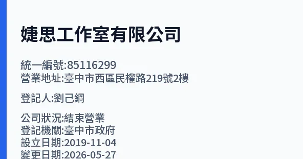 婕思工作室有限公司的照片-統編 85116299(臺中市) 公司登記資料與營業項目詳細圖表