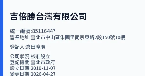 吉倍勝台灣有限公司的照片-統編 85116447(臺北市) 公司登記資料與營業項目詳細圖表
