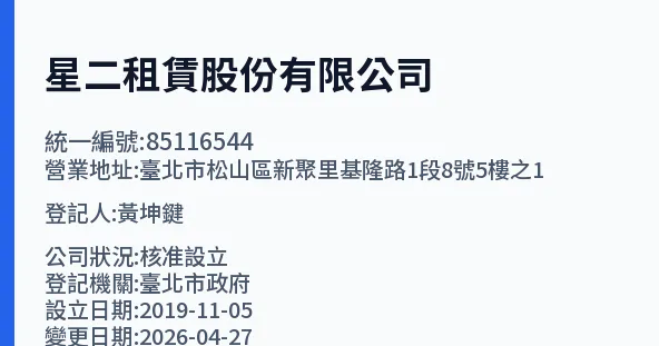 星二租賃股份有限公司的照片-統編 85116544(臺北市) 公司登記資料與營業項目詳細圖表