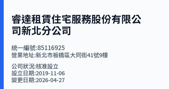 睿達租賃住宅服務股份有限公司新北分公司的照片-統編 85116925(新北市) 公司登記資料與營業項目詳細圖表