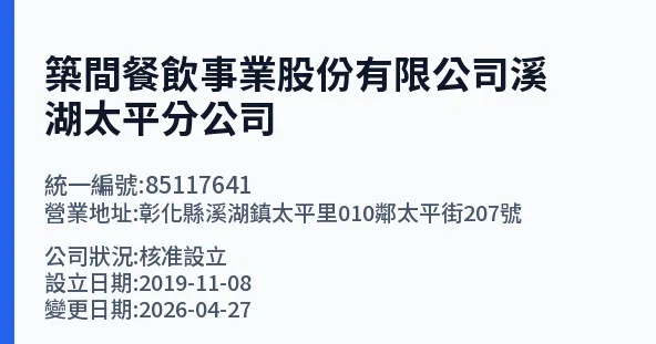 築間餐飲事業股份有限公司溪湖太平分公司的照片-統編 85117641(彰化縣) 公司登記資料與營業項目詳細圖表
