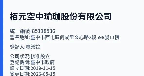 栢元空中瑜珈股份有限公司的照片-統編 85118536(臺中市) 公司登記資料與營業項目詳細圖表