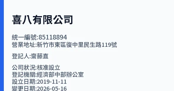 喜八有限公司的照片-統編 85118894(新竹市) 公司登記資料與營業項目詳細圖表