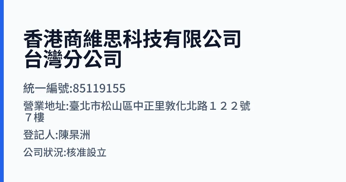 香港商維思科技有限公司台灣分公司 - 統編 85119155(臺北市) 公司登記資料與營業項目詳細圖表