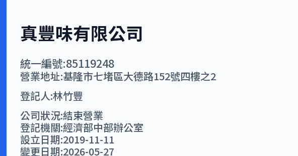 真豐味有限公司的照片-統編 85119248(基隆市) 公司登記資料與營業項目詳細圖表