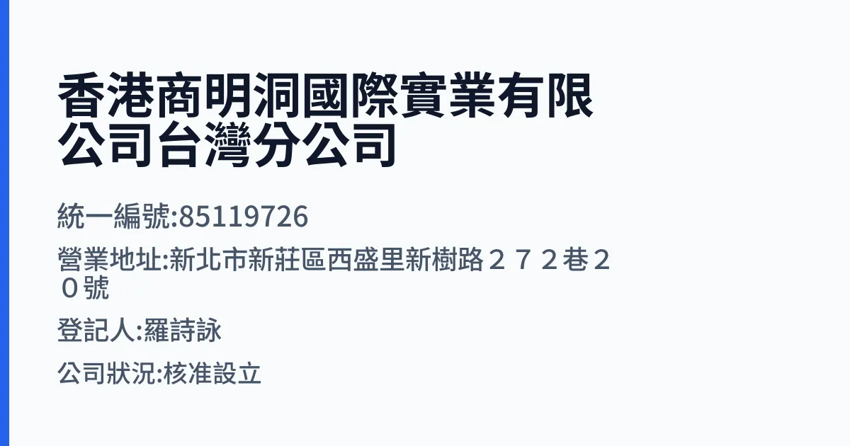 香港商明洞國際實業有限公司台灣分公司 - 統編 85119726(新北市) 公司登記資料與營業項目詳細圖表