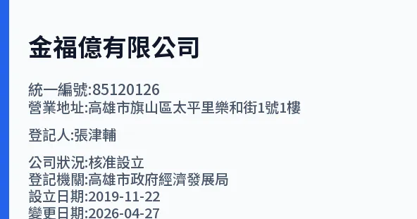 金福億有限公司的照片-統編 85120126(高雄市) 公司登記資料與營業項目詳細圖表