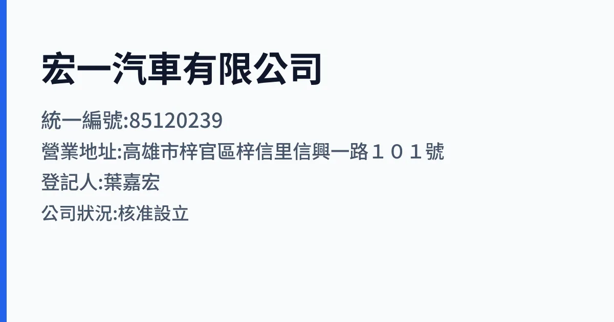 宏一汽車有限公司 - 統編 85120239(高雄市) 公司登記資料與營業項目詳細圖表