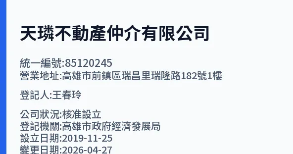 天璘不動產仲介有限公司的照片-統編 85120245(高雄市) 公司登記資料與營業項目詳細圖表