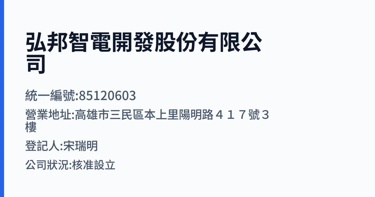 弘邦智電開發股份有限公司 - 統編 85120603(高雄市) 公司登記資料與營業項目詳細圖表