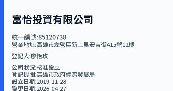 富怡投資有限公司的照片-統編 85120738(高雄市) 公司登記資料與營業項目詳細圖表