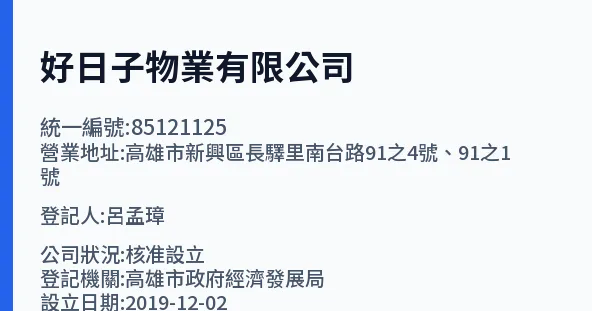 好日子物業有限公司的照片-統編 85121125(高雄市) 公司登記資料與營業項目詳細圖表