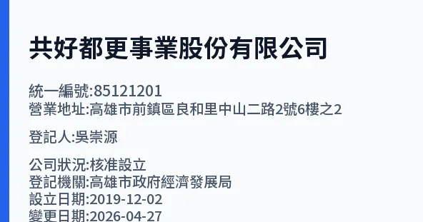 共好都更事業股份有限公司的照片-統編 85121201(高雄市) 公司登記資料與營業項目詳細圖表