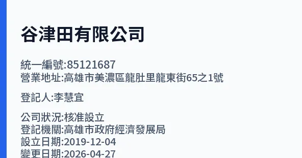 谷津田有限公司的照片-統編 85121687(高雄市) 公司登記資料與營業項目詳細圖表