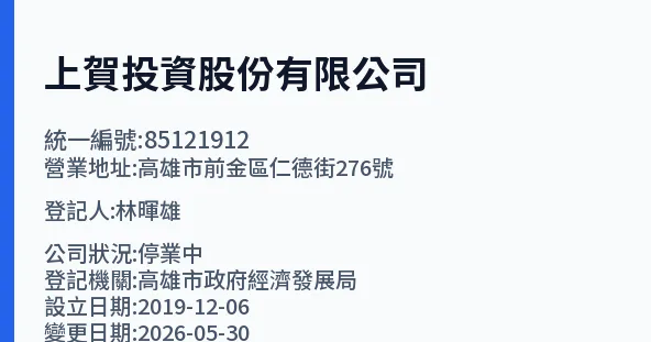 上賀投資股份有限公司的照片-統編 85121912(高雄市) 公司登記資料與營業項目詳細圖表