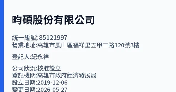 畇碩股份有限公司的照片-統編 85121997(高雄市) 公司登記資料與營業項目詳細圖表