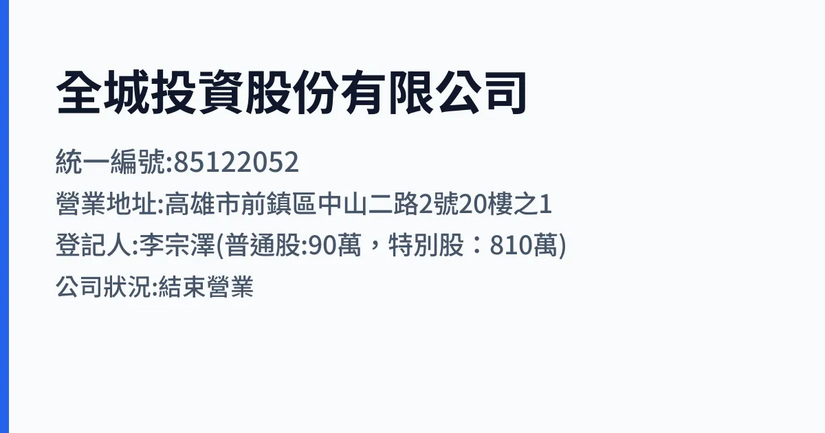 全城投資股份有限公司 - 統編 85122052(高雄市) 公司登記資料與營業項目詳細圖表