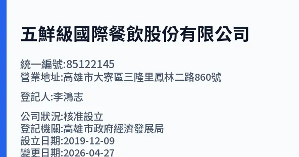 五鮮級國際餐飲股份有限公司的照片-統編 85122145(高雄市) 公司登記資料與營業項目詳細圖表