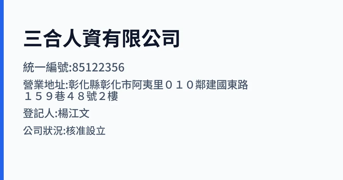 三合人資有限公司 - 統編 85122356(彰化縣) 公司登記資料與營業項目詳細圖表