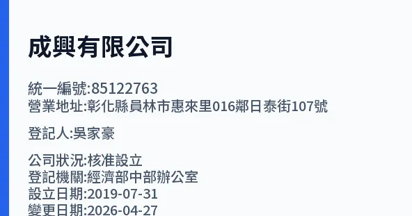 成興有限公司的照片-統編 85122763(彰化縣) 公司登記資料與營業項目詳細圖表