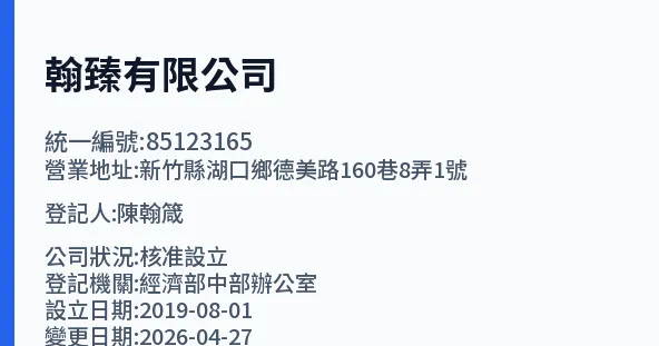 翰臻有限公司的照片-統編 85123165(新竹縣) 公司登記資料與營業項目詳細圖表