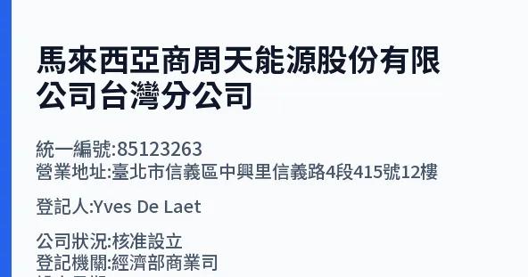 馬來西亞商周天能源股份有限公司台灣分公司的照片-統編 85123263(臺北市) 公司登記資料與營業項目詳細圖表