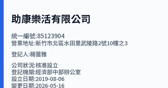 助康樂活有限公司的照片-統編 85123904(新竹市) 公司登記資料與營業項目詳細圖表