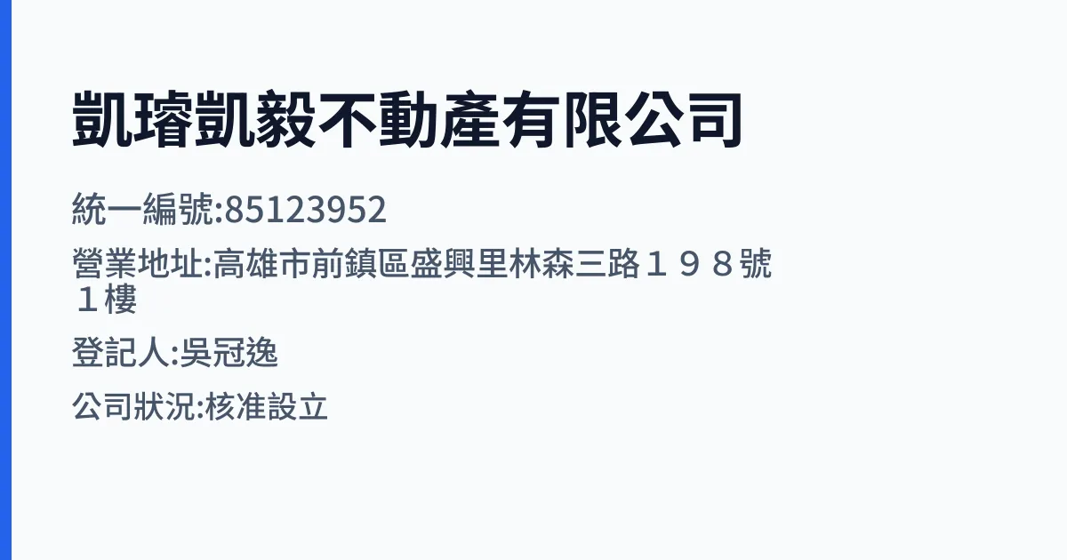 凱璿凱毅不動產有限公司 - 統編 85123952(高雄市) 公司登記資料與營業項目詳細圖表