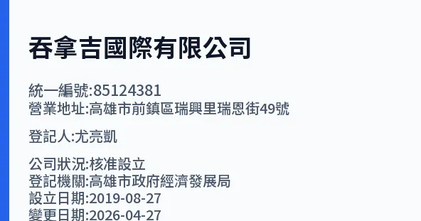 吞拿吉國際有限公司的照片-統編 85124381(高雄市) 公司登記資料與營業項目詳細圖表