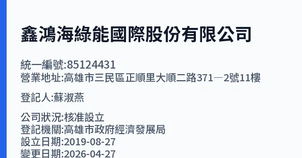鑫鴻海綠能國際股份有限公司的照片-統編 85124431(高雄市) 公司登記資料與營業項目詳細圖表