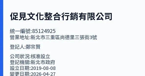 促見文化整合行銷有限公司的照片-統編 85124925(新北市) 公司登記資料與營業項目詳細圖表