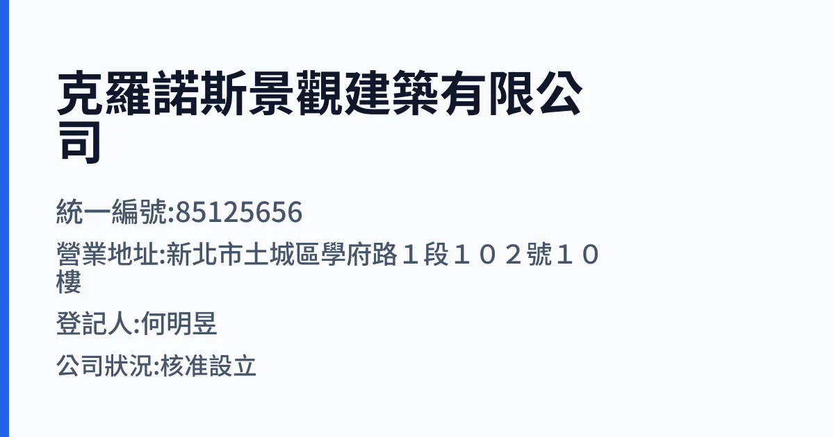 克羅諾斯景觀建築有限公司 - 統編 85125656（新北市） 公司登記資料與營業項目詳細圖表