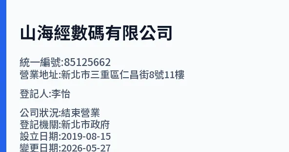 山海經數碼有限公司的照片-統編 85125662(新北市) 公司登記資料與營業項目詳細圖表