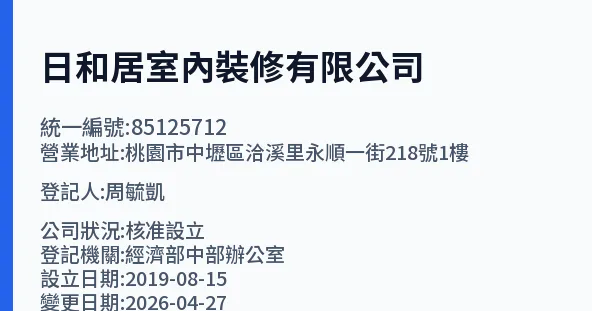 日和居室內裝修有限公司的照片-統編 85125712(桃園市) 公司登記資料與營業項目詳細圖表