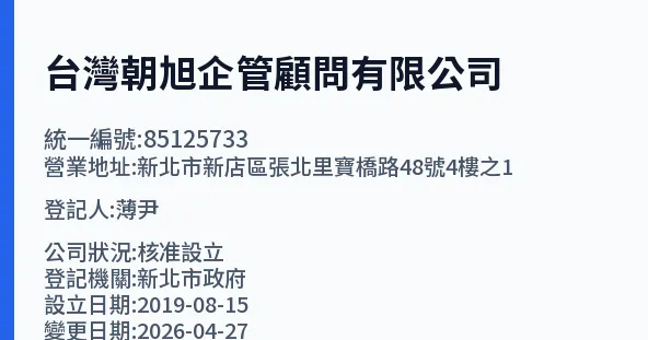 台灣朝旭企管顧問有限公司的照片-統編 85125733(新北市) 公司登記資料與營業項目詳細圖表