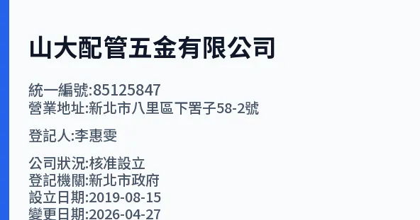 山大配管五金有限公司的照片-統編 85125847(新北市) 公司登記資料與營業項目詳細圖表