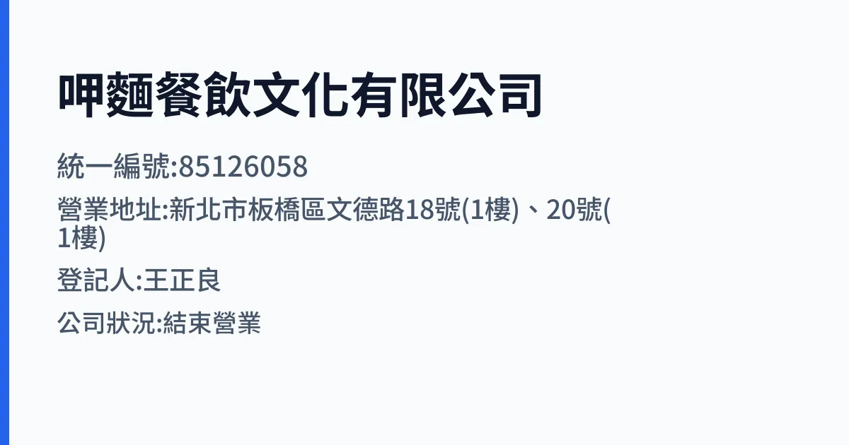 呷麵餐飲文化有限公司 - 統編 85126058(新北市) 公司登記資料與營業項目詳細圖表