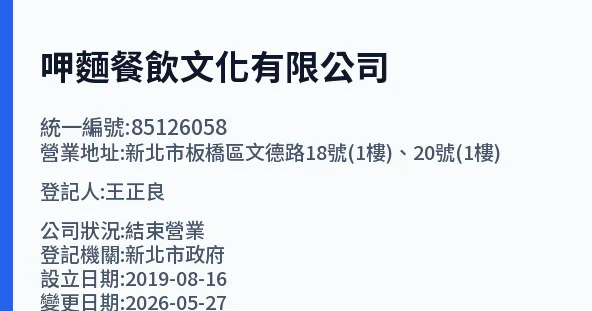 呷麵餐飲文化有限公司的照片-統編 85126058(新北市) 公司登記資料與營業項目詳細圖表