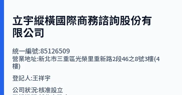 立宇縱橫國際商務諮詢股份有限公司的照片-統編 85126509(新北市) 公司登記資料與營業項目詳細圖表