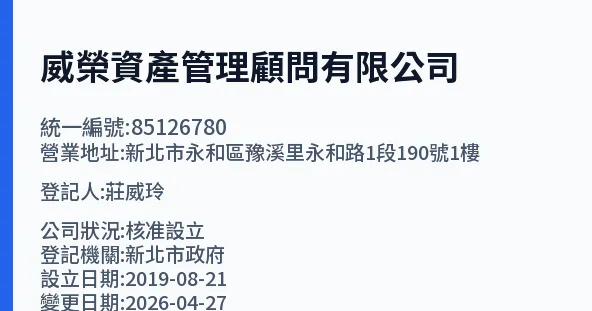 威榮資產管理顧問有限公司的照片-統編 85126780(新北市) 公司登記資料與營業項目詳細圖表