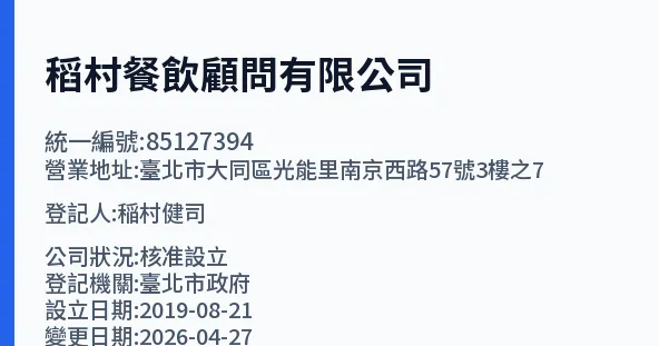 稻村餐飲顧問有限公司的照片-統編 85127394(臺北市) 公司登記資料與營業項目詳細圖表