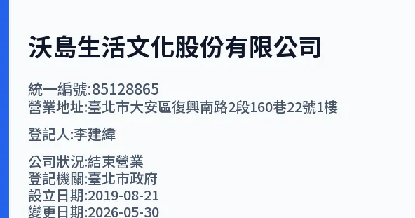 沃島生活文化股份有限公司的照片-統編 85128865(臺北市) 公司登記資料與營業項目詳細圖表
