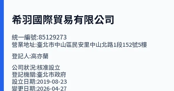 希羽國際貿易有限公司的照片-統編 85129273(臺北市) 公司登記資料與營業項目詳細圖表