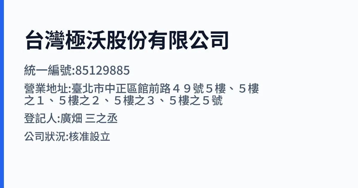 台灣極沃股份有限公司 - 統編 85129885(臺北市) 公司登記資料與營業項目詳細圖表