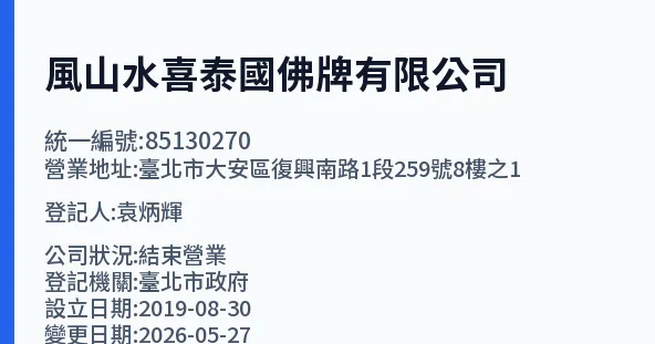風山水喜泰國佛牌有限公司的照片-統編 85130270(臺北市) 公司登記資料與營業項目詳細圖表